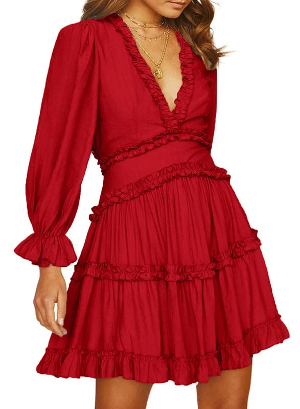 Dokotoo Womens Cute Summer Spring Casual Sexy Deep V Neck Ruffle Chiffon Lantern Long Sleeve Elegant Boho Hawaiian Flowy Mini Short Skirt Dresses for Women Party 2025 Red Small