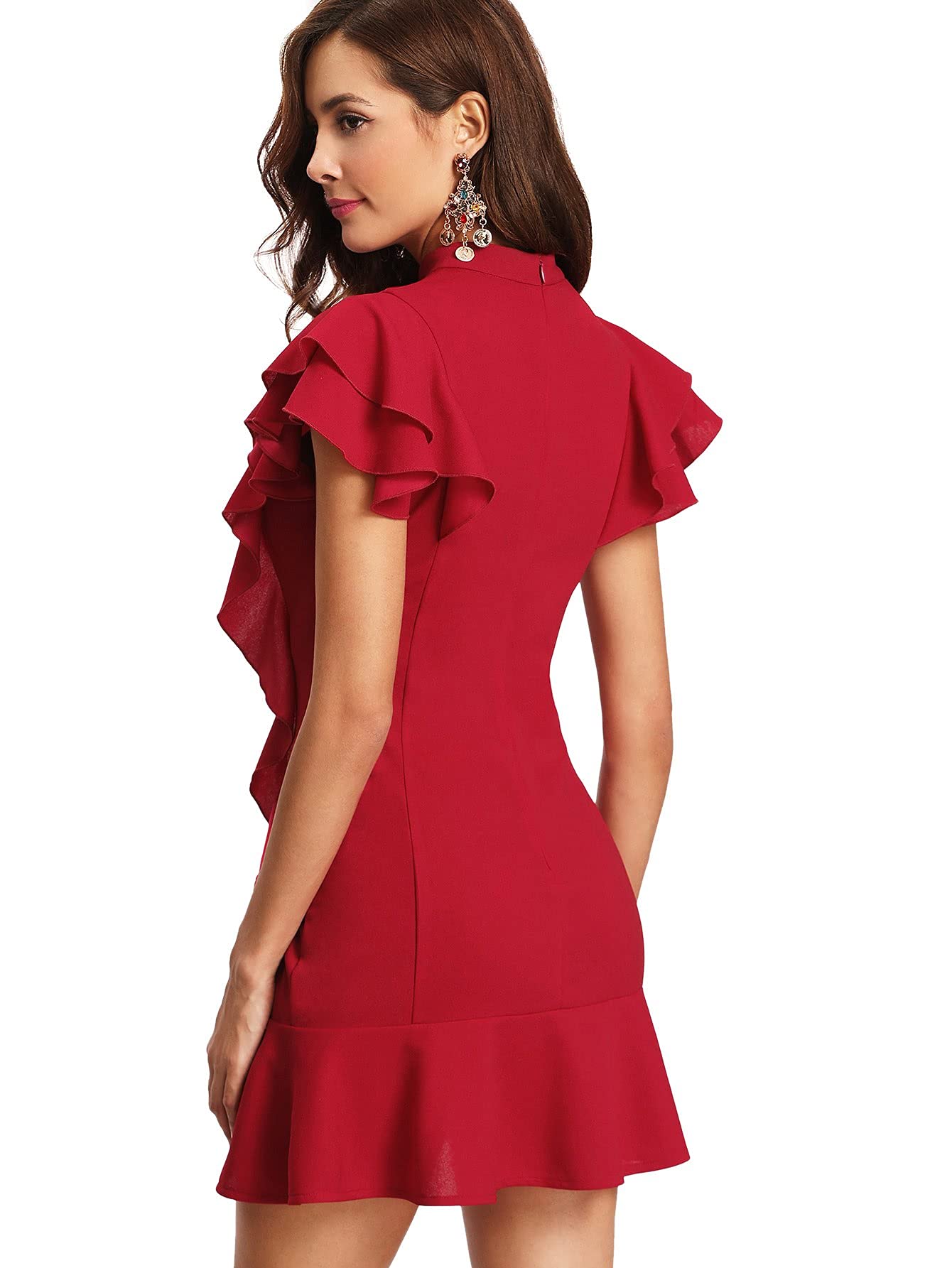 Floerns Women's Tie Neck Short Sleeve Ruffle Hem Cocktail Party Dress Red S