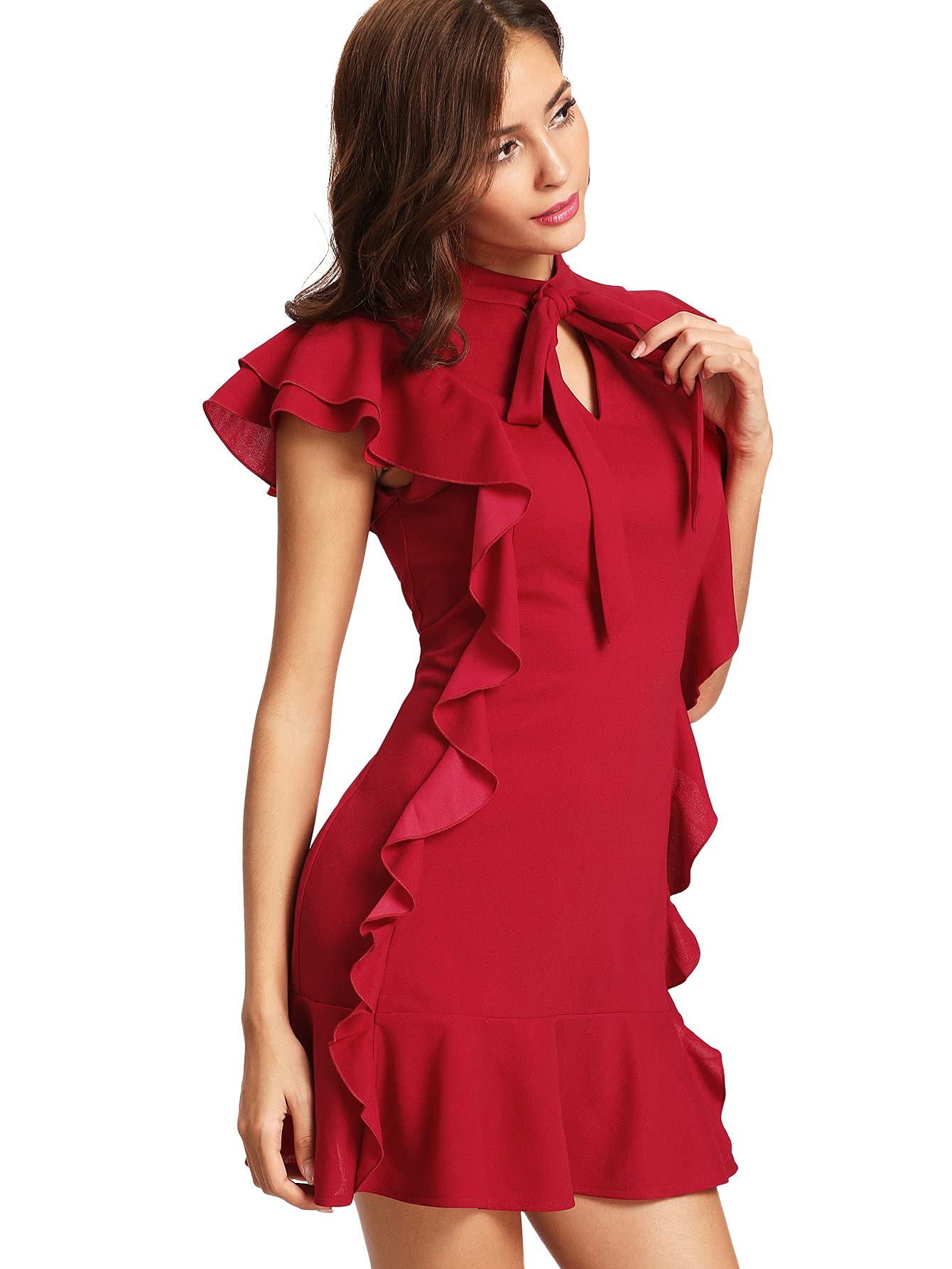 Floerns Women's Tie Neck Short Sleeve Ruffle Hem Cocktail Party Dress Red S