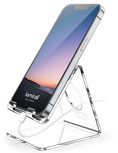 Lamicall Acrylic Phone Stand Desk Accessories - Clear Office Cell Phone Holder, Transparent Phone Stand for Desk, Desktop, Office Desk Accessories, Suitable for iPhone Accessories, 4-8'' Phone