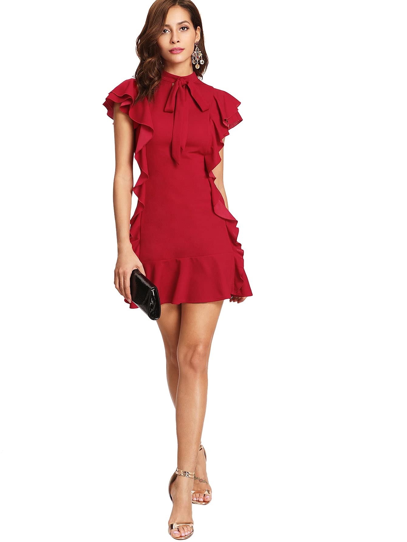 Floerns Women's Tie Neck Short Sleeve Ruffle Hem Cocktail Party Dress Red S