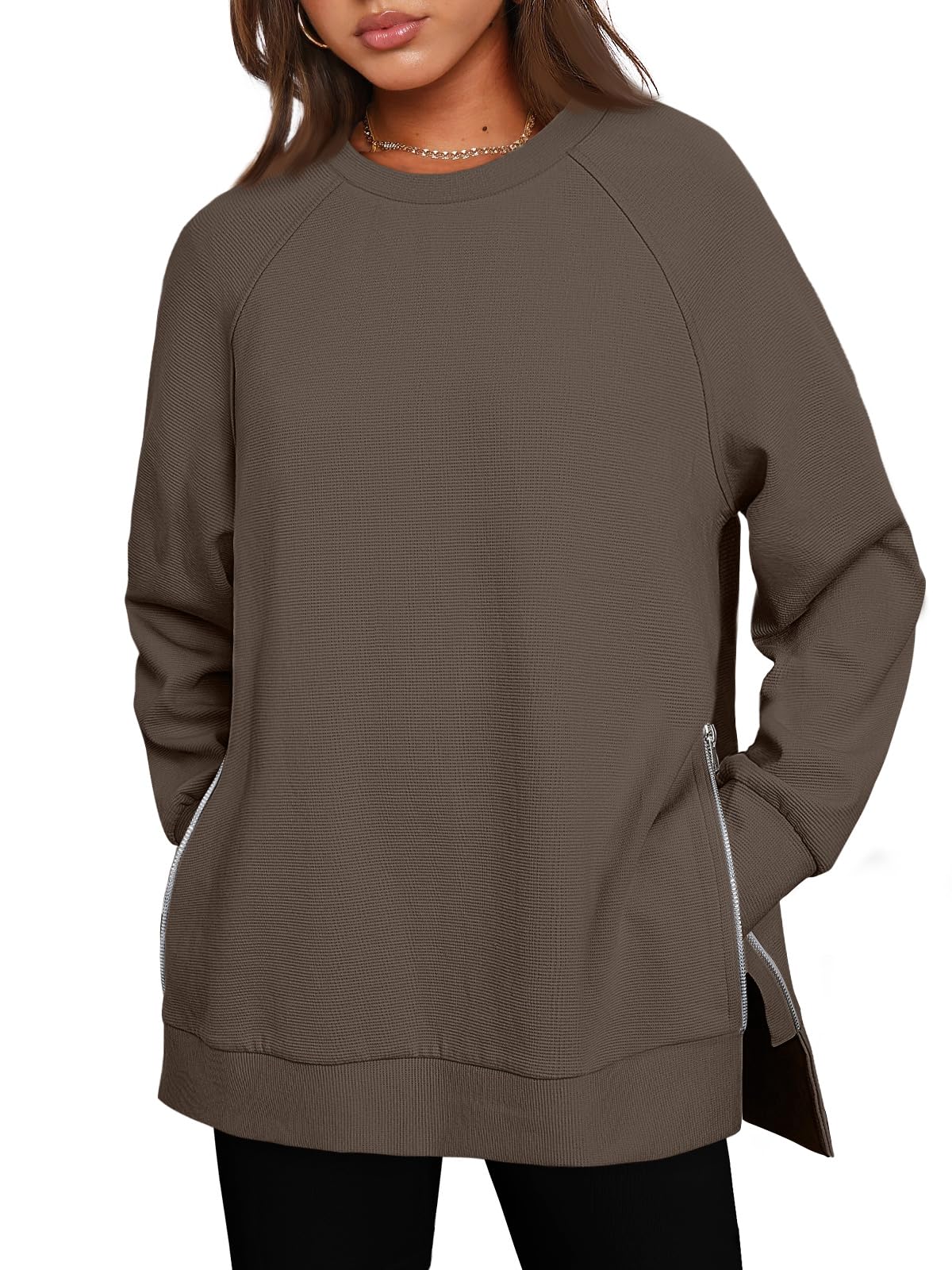 EFAN Womens Oversized Sweatshirts CrewNeck Pullover Soft Y2K Hoodies 2024 Fall Outfits Zipper Teen Girls Clothes Sweaters Coffee M