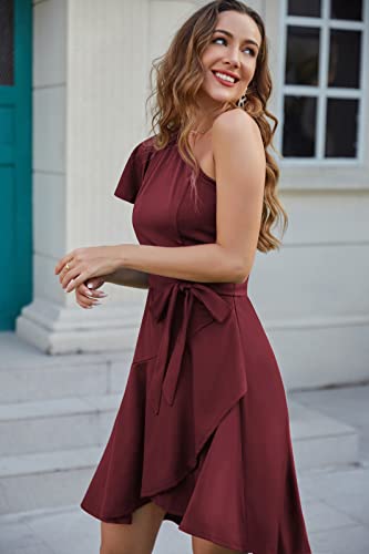 GRACE KARIN Wedding Dresses for Guest One Shoulder Flared Short Sleeve Ruffle Hem Cocktail Prom Party Dress Wine Red M