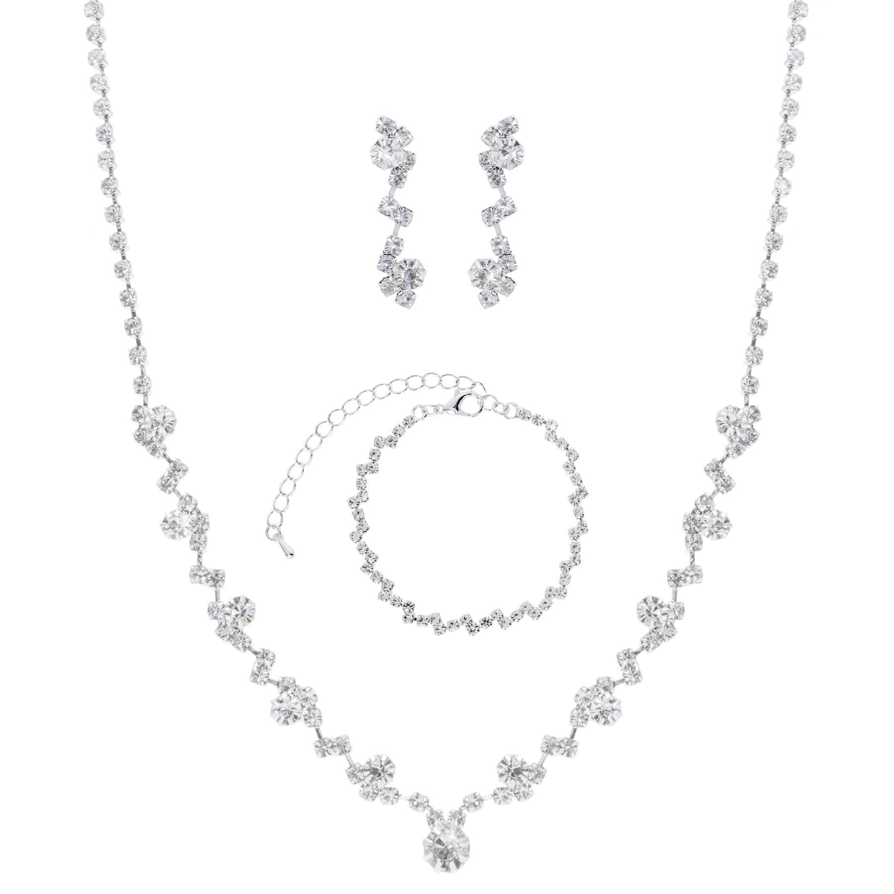 Jmkcoz Women Jewelry Set Silver Necklace Earrings Bracelet Rhinestone Crystal Bridal Wedding Jewelry Sets for Brides Bridesmaid Wedding Party (Style 2)