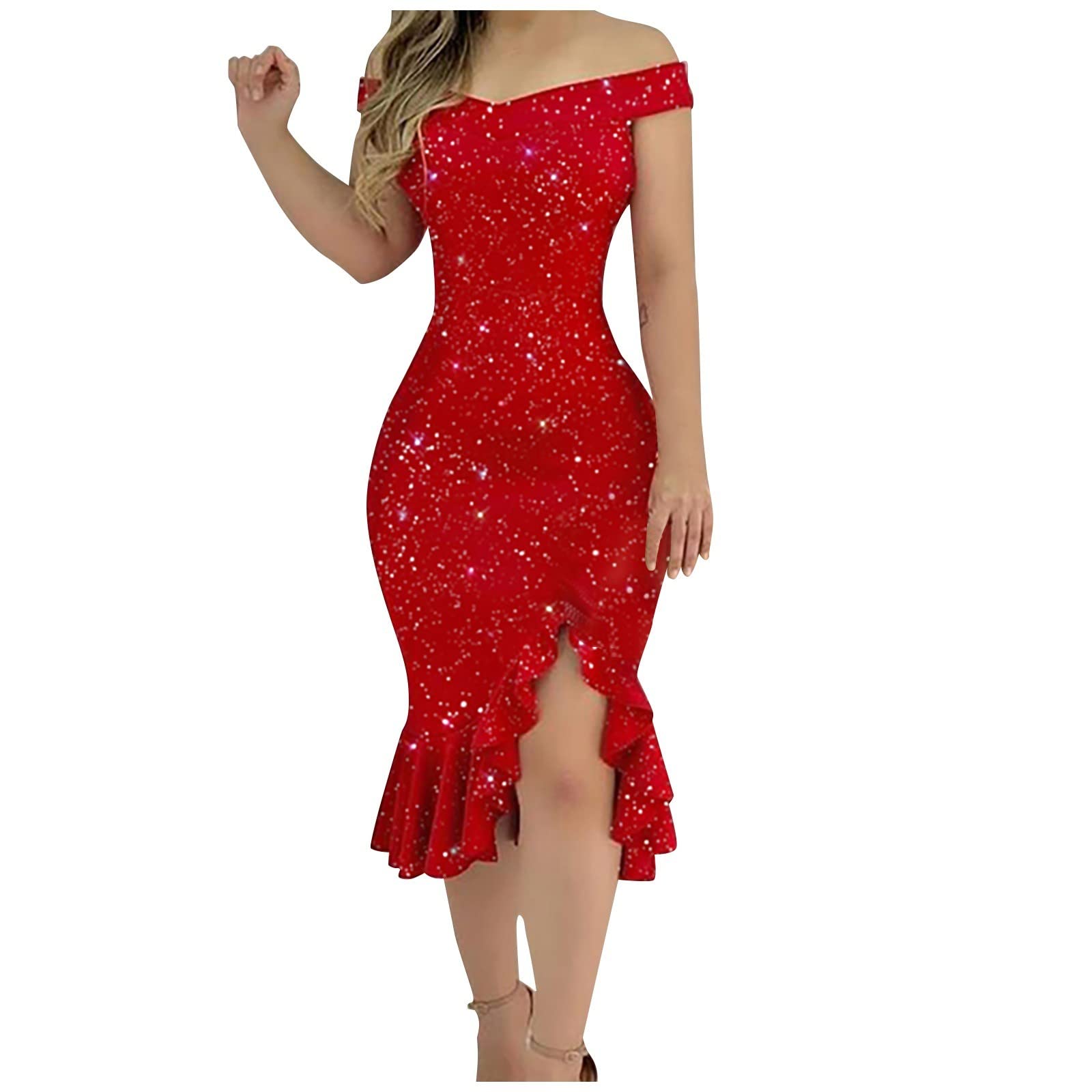 Summer Dresses for Women 2024 Off The Shoulder V Neck Midi Bodycon Slit Ruffle Sequin Dress Spring Fashion Casual Formal Party Club Wedding Guest Cocktail Mother of The Bride Sexy Wrap Dresses Red L