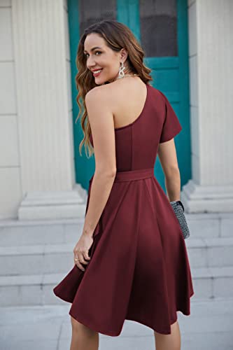 GRACE KARIN Wedding Dresses for Guest One Shoulder Flared Short Sleeve Ruffle Hem Cocktail Prom Party Dress Wine Red M