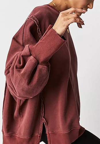 Trendy Women Long Lantern Sleeve High Low Split Hem Workout Shirt Crew Neck Pullover Top Oversized Notched Sweatshirt