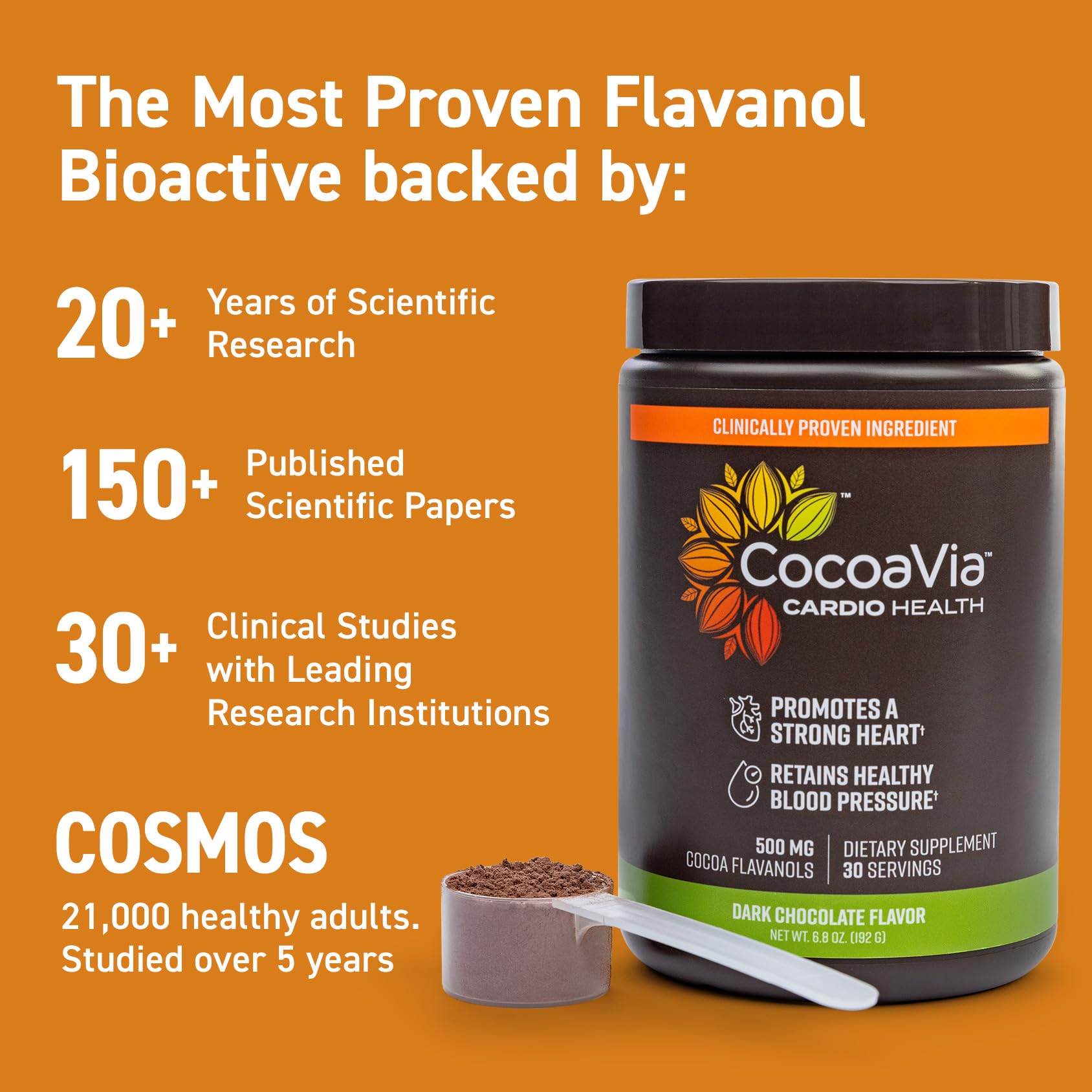 CocoaVia Cardio Health Cocoa Powder, 30 Servings, 500mg Cocoa Flavanols, Support Heart Health, Boost Nitric Oxide, Improve Circulation, Energy, Preworkout, Vegan, Dark Chocolate Cacao