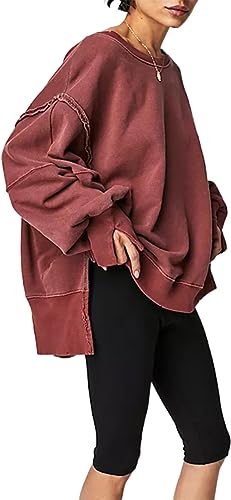 Trendy Women Long Lantern Sleeve High Low Split Hem Workout Shirt Crew Neck Pullover Top Oversized Notched Sweatshirt