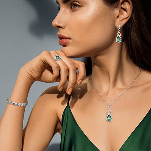 Mayfox Bridal Cubic Zirconia Open Ring Bracelet Necklace Dangle Earrings Set, Waterdrop Oval White Gold Plated Jewelry Gifts for Woman Multicolor Silver-Tone