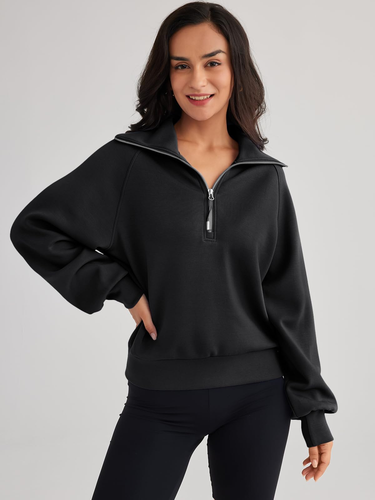 Trendy Queen Womens Oversized Sweatshirts Half Zip Pullover Long Sleeve Quarter Zip Hoodies Teen Girls Fall Y2K Clothes Black L