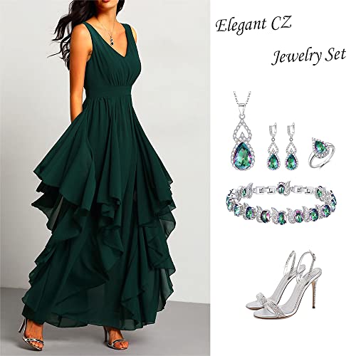 Mayfox Bridal Cubic Zirconia Open Ring Bracelet Necklace Dangle Earrings Set, Waterdrop Oval White Gold Plated Jewelry Gifts for Woman Multicolor Silver-Tone
