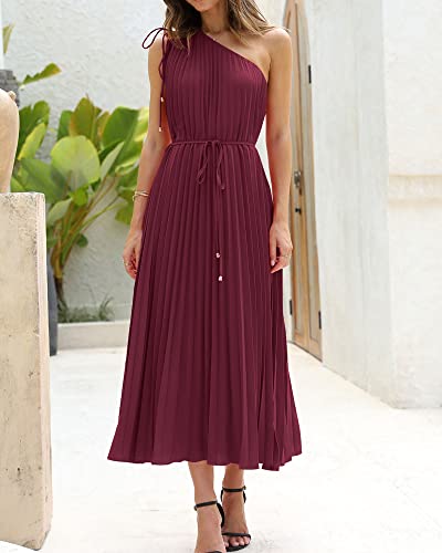 BTFBM Women's Drawstring One Shoulder Maxi Dresses Summer Sleeveless Tie Waist Pleated Long Flowy Party Cocktail Dress(Solid Wine Red, Medium)