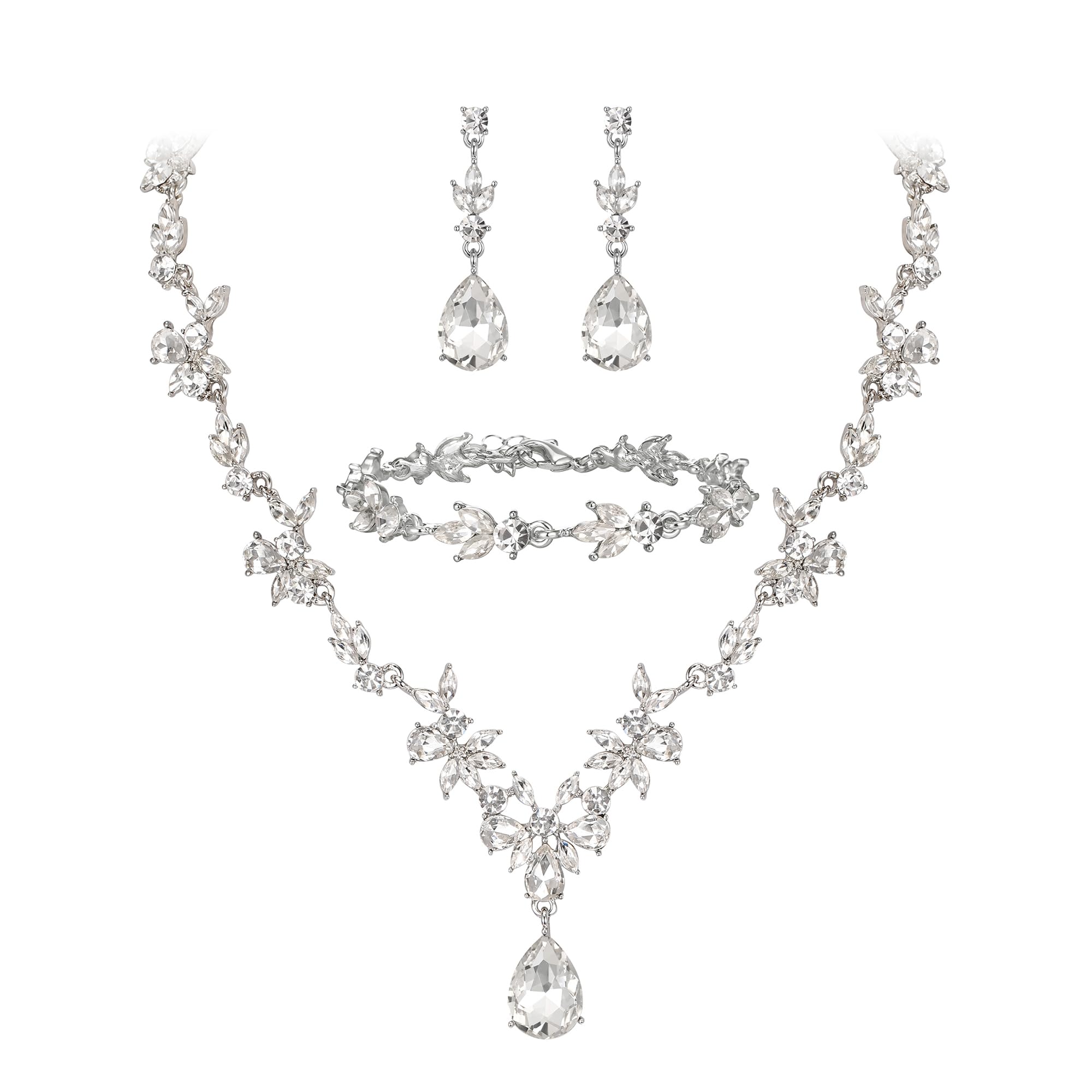 BriLove Wedding Jewelry Set for Women Bride, Y-Necklace Tennis Bracelet Dangle Earrings Crystal Teardrop Marquise Cluster for Bridal Bridesmaid Clear Silver-Tone
