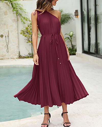 BTFBM Women's Drawstring One Shoulder Maxi Dresses Summer Sleeveless Tie Waist Pleated Long Flowy Party Cocktail Dress(Solid Wine Red, Medium)