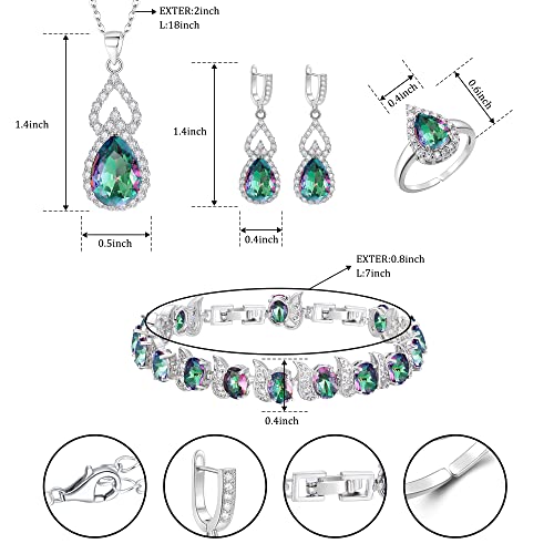 Mayfox Bridal Cubic Zirconia Open Ring Bracelet Necklace Dangle Earrings Set, Waterdrop Oval White Gold Plated Jewelry Gifts for Woman Multicolor Silver-Tone