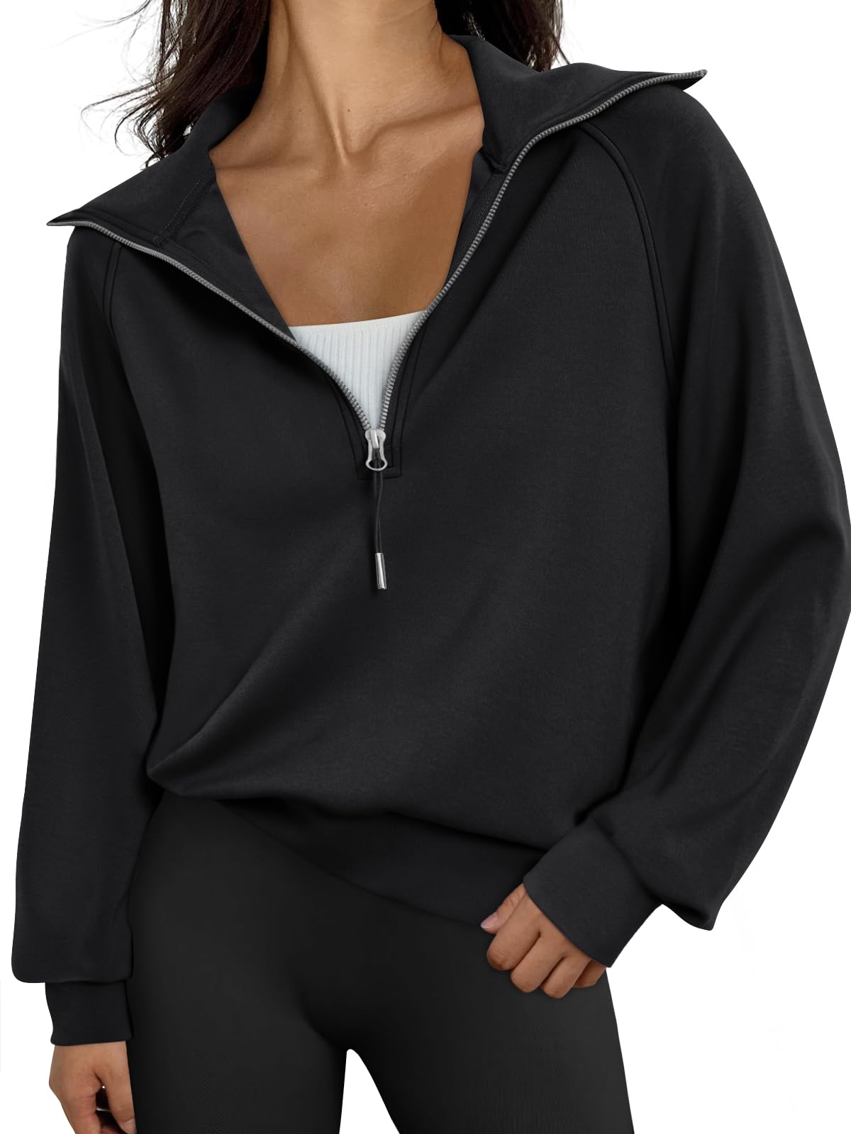 Trendy Queen Womens Oversized Sweatshirts Half Zip Pullover Long Sleeve Quarter Zip Hoodies Teen Girls Fall Y2K Clothes Black L