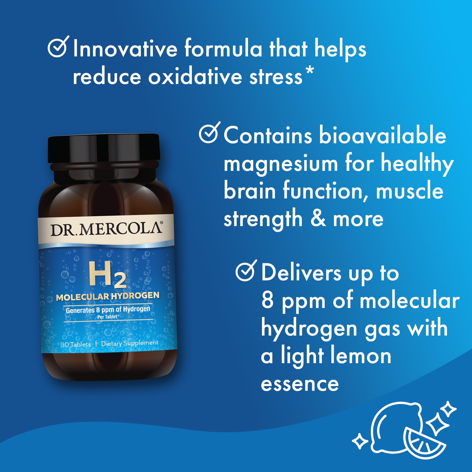 Dr. Mercola H2 Molecular Hydrogen, 90 Servings (90 Tablets), Dietary Supplement, Supports Brain Health and Cognitive Function, Non GMO