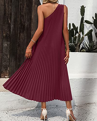 BTFBM Women's Drawstring One Shoulder Maxi Dresses Summer Sleeveless Tie Waist Pleated Long Flowy Party Cocktail Dress(Solid Wine Red, Medium)