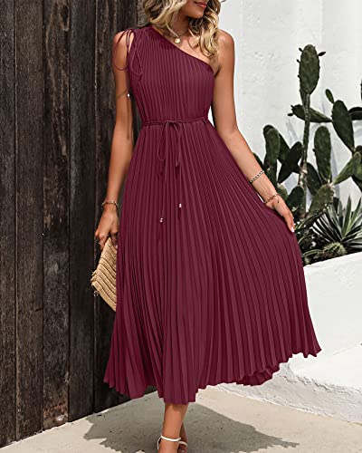 BTFBM Women's Drawstring One Shoulder Maxi Dresses Summer Sleeveless Tie Waist Pleated Long Flowy Party Cocktail Dress(Solid Wine Red, Medium)