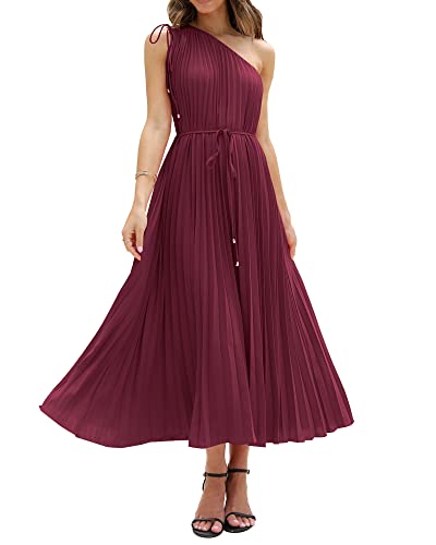 BTFBM Women's Drawstring One Shoulder Maxi Dresses Summer Sleeveless Tie Waist Pleated Long Flowy Party Cocktail Dress(Solid Wine Red, Medium)