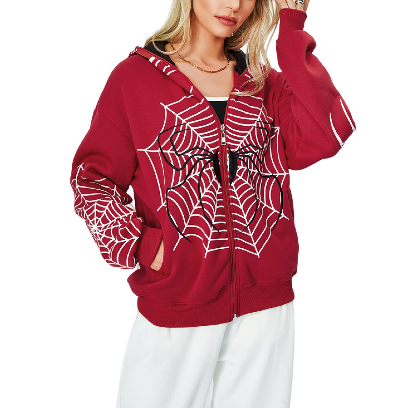 Winioder Women Y2K Spider Zip Up Hoodie Jacket Punk Goth Grunge Aesthetic Oversized Hoodies Vintage Graphic Sweatshirt (Red, S)