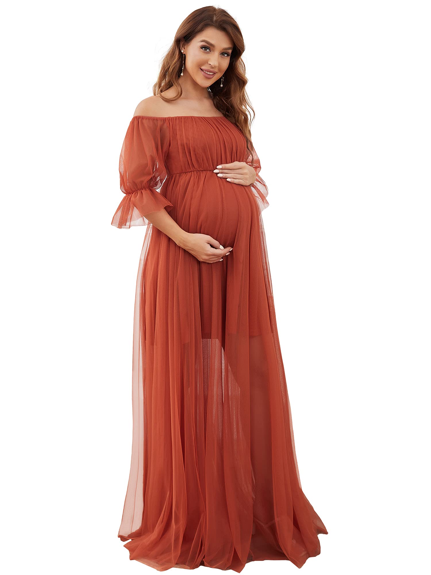 Ever-Pretty Women's Off-Shoulder A-line Tulle Puff Sleeve Maxi Maternity Dress for Baby Shower Burgundy US4