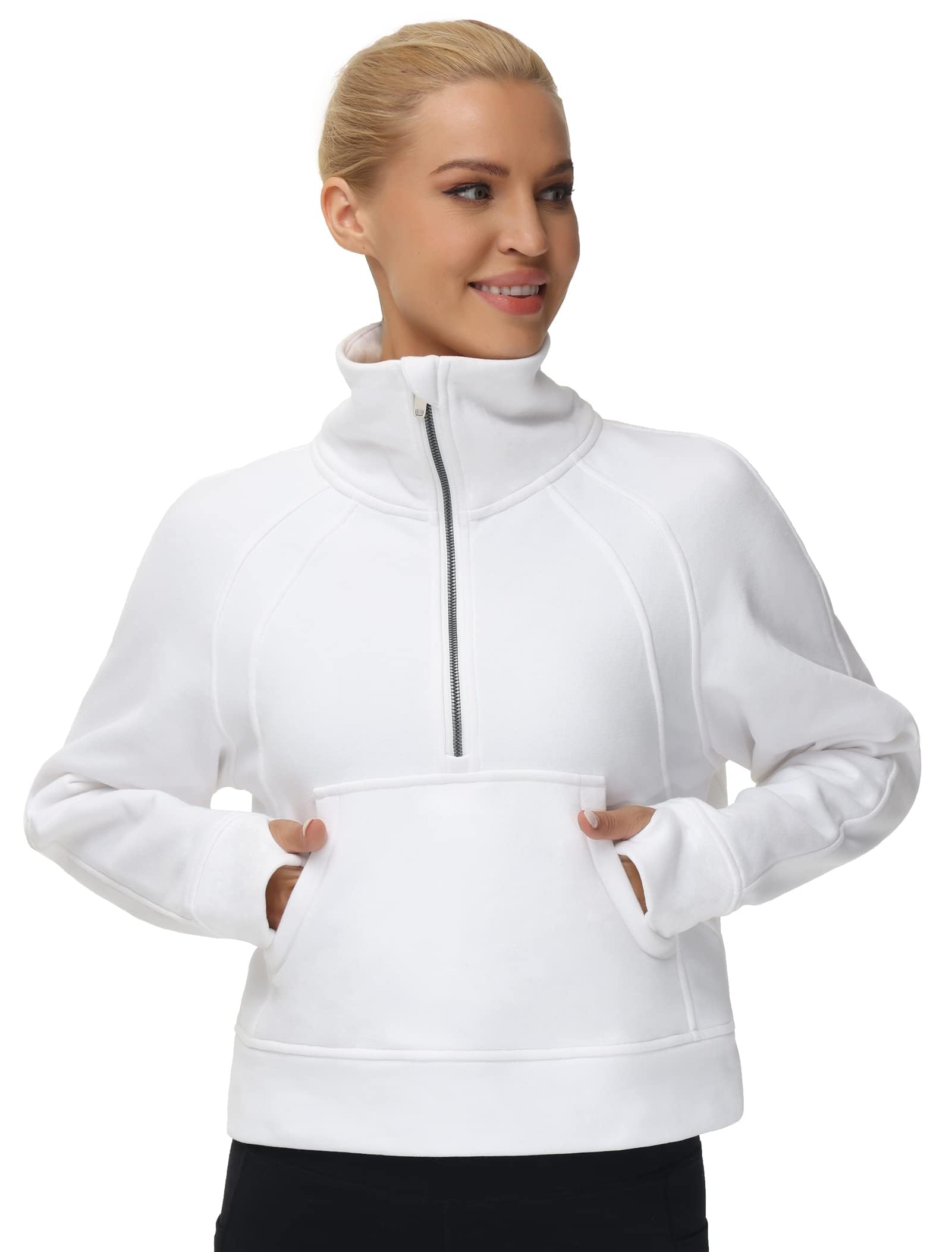 THE GYM PEOPLE Women's Half Zip Pullover Sweatshirt Fleece Stand Collar Crop Sweatshirt with Pockets Thumb Hole White