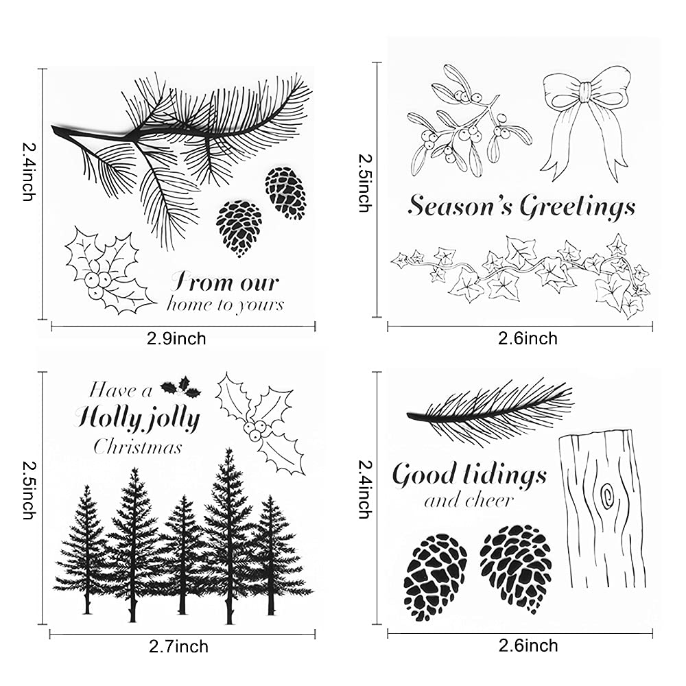 LANGFON Pine Trees Pine Cone Fruit Leaves Bowknot Clear Stamps for Card Making Decoration DIY Scrapbooking, Season Greeting Words Silicone Transparent Seal Stamps for Embossing Album Decor Craft