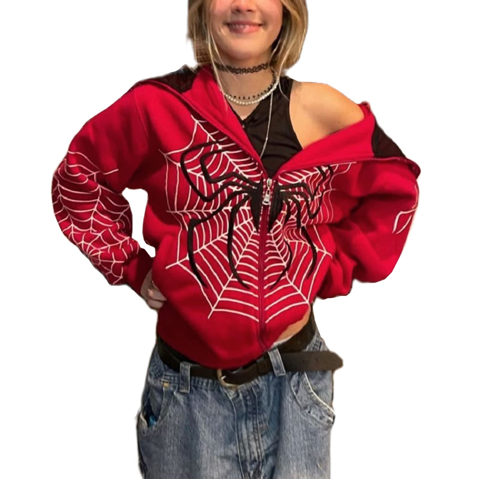Winioder Women Y2K Spider Zip Up Hoodie Jacket Punk Goth Grunge Aesthetic Oversized Hoodies Vintage Graphic Sweatshirt (Red, S)