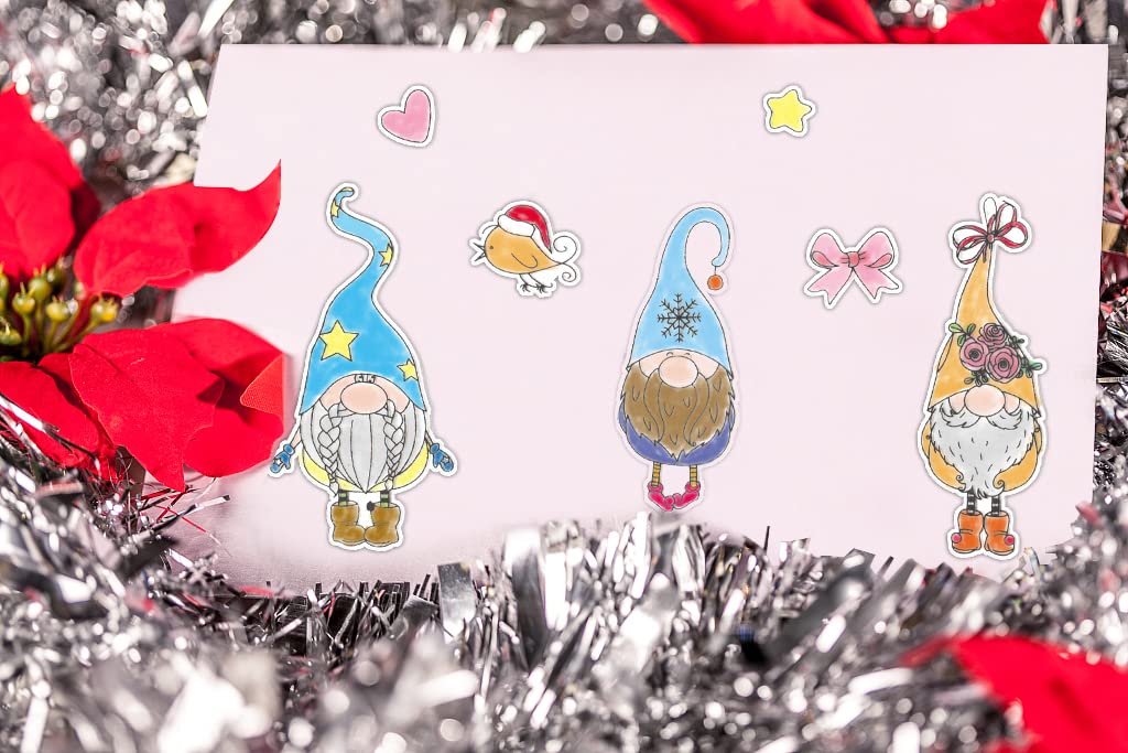 Christmas Gnomes Clear Stamps and Dies for Card Making, Xmas Snowflake Words Transparent Rubber Stamps Christmas Santa Gnomes Die Cuts Seal for DIY Scrapbooking