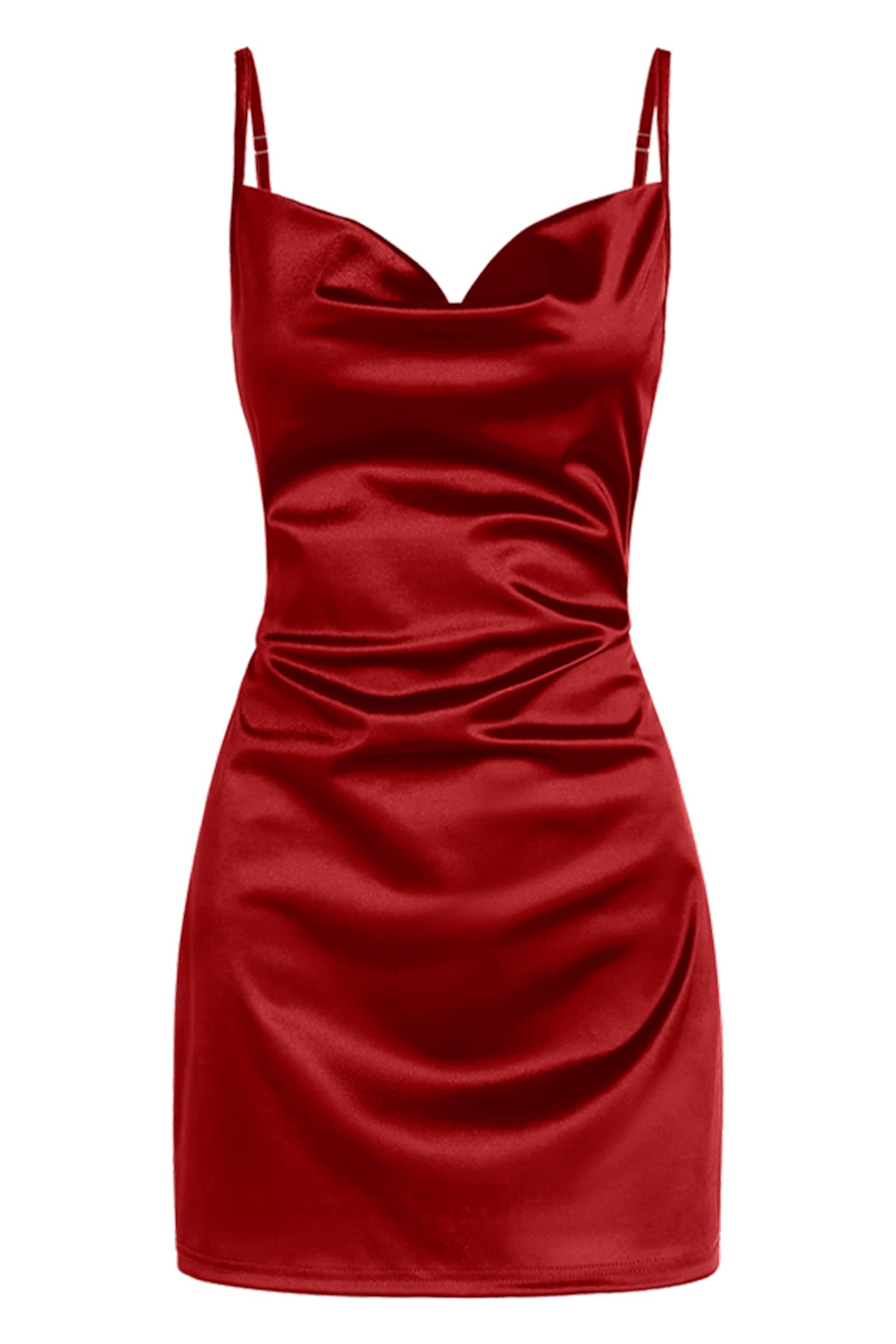 ZAFUL Women's Satin Sleeveless Spaghetti Strap Mini Dress Sexy Slip Cowl Neck Silky Cocktail Party Dresses(Red, S)