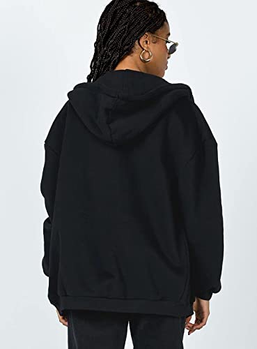 Women's Zip Up Hoodie Long Sleeve Fall Oversized Sweatshirts Casual Drawstring Y2K Hoodies Jacket With Pocket Large Black