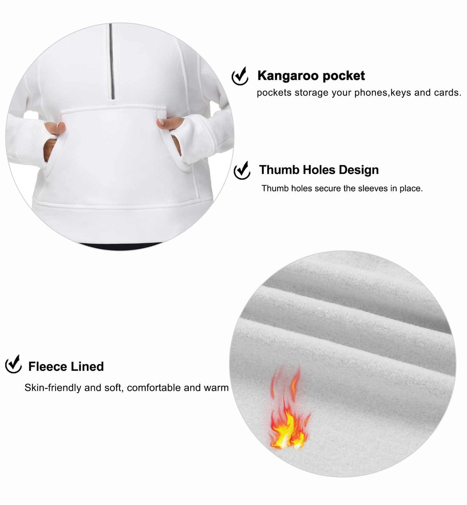 THE GYM PEOPLE Women's Half Zip Pullover Sweatshirt Fleece Stand Collar Crop Sweatshirt with Pockets Thumb Hole White