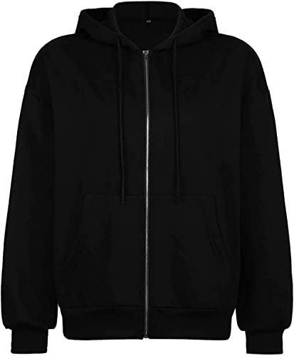 Women's Zip Up Hoodie Long Sleeve Fall Oversized Sweatshirts Casual Drawstring Y2K Hoodies Jacket With Pocket Large Black