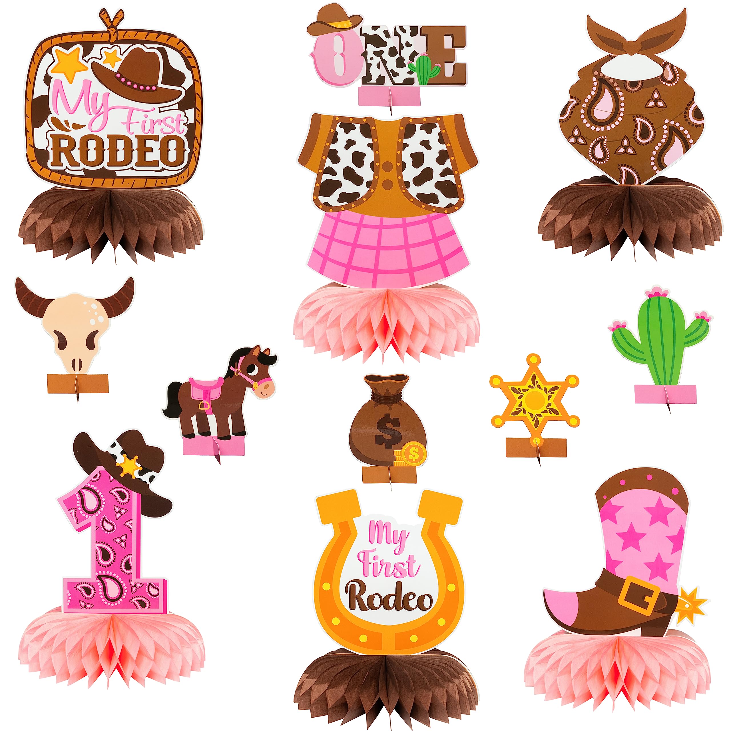 ANGOLIO Cowgirl Honeycomb Table Decorations - 12Pcs My First Rodeo Themed Honeycomb Table Decor Pink Cow Paper Honeycomb Centerpieces Western Theme Party Pink Little Cowgirl Party Table Decoration