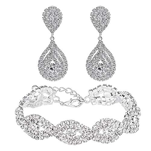 2 Pack Rhinestone Crystal Link Bracelet Teardrop Dangle Earrings Jewelry Sets for Women