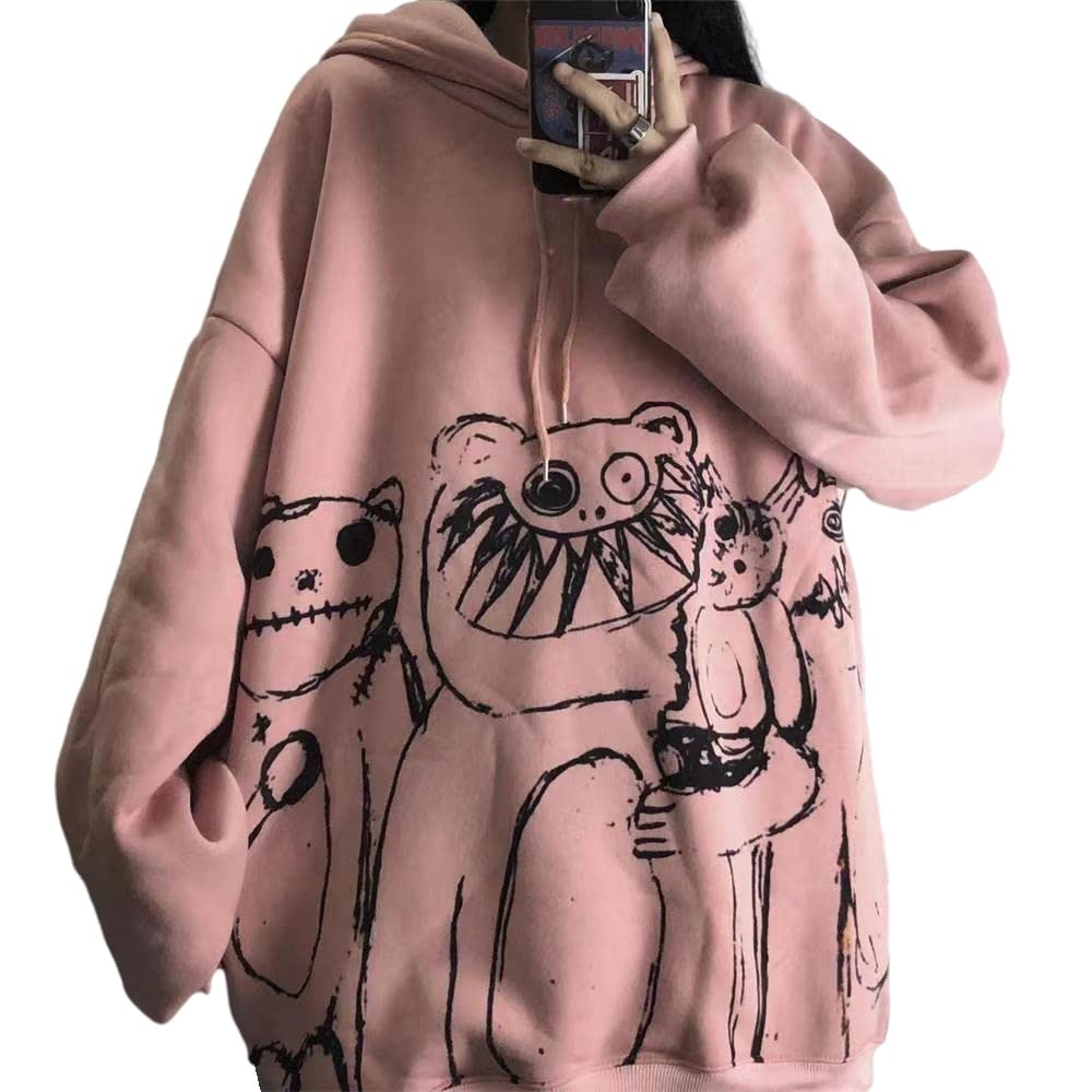 MOMEITU Gothic Hoodie Girls Anime Hooded Sweater Women Loose Street Sports Y2K Clothes Grunge Clothes (Pink Tiger,L,Large)