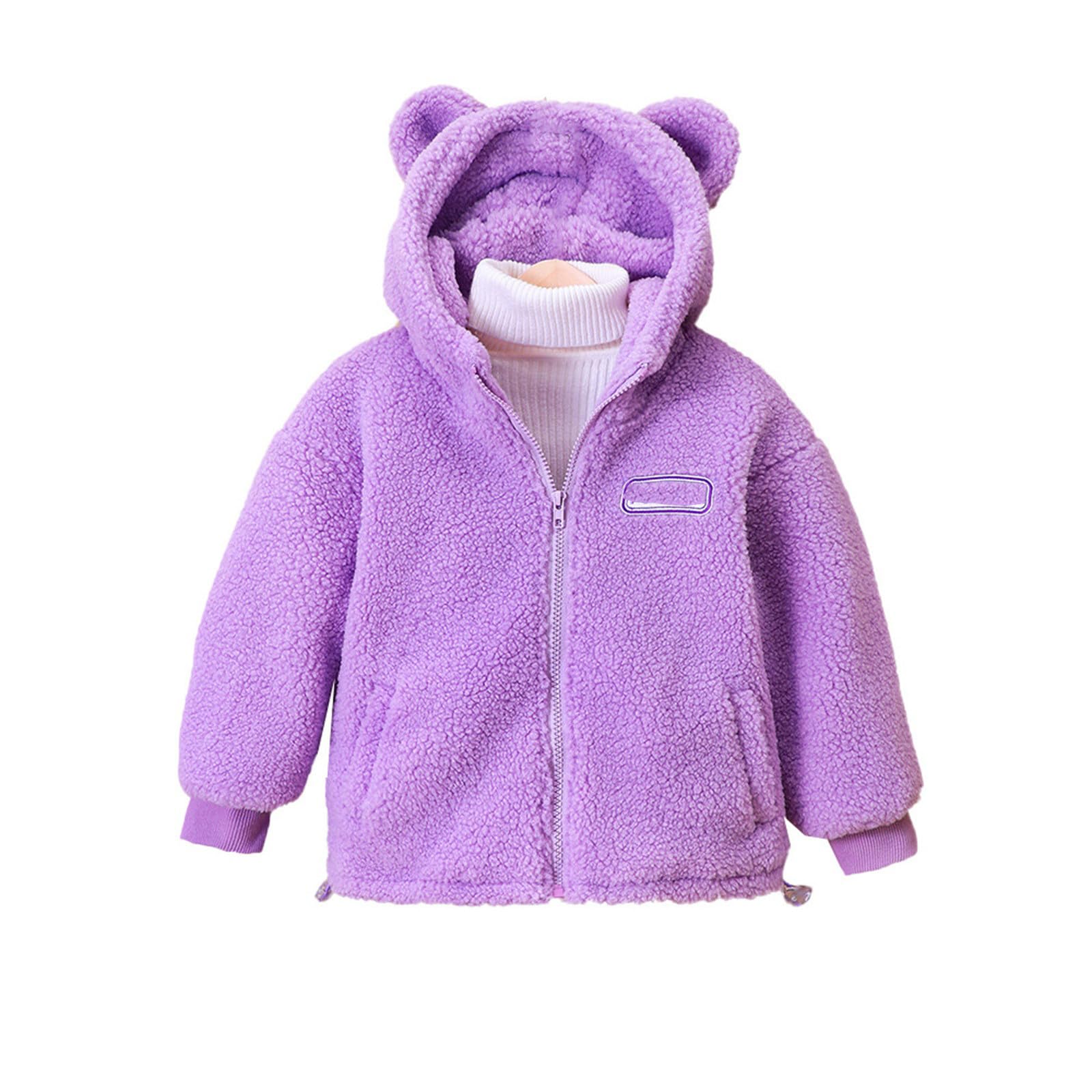 Baby Coat Toddler Boy Winter Clothes Kids Hooded Faux Fur Jacket Cute Bear Ears Shape Fleece Warm Hoodies Purple