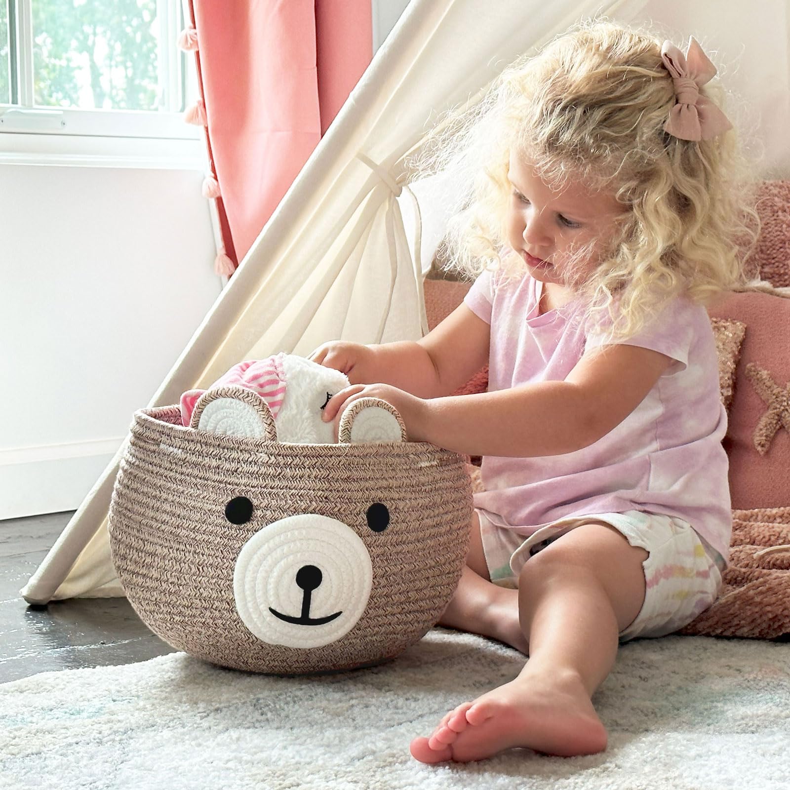 CherryNow Baby Basket for Nursery, Bear Gift Baskets for Kids, Baby Shower Basket with Handles, Small Cute Animal Baskets, Light Brown, 10.5"D x 8.5"H