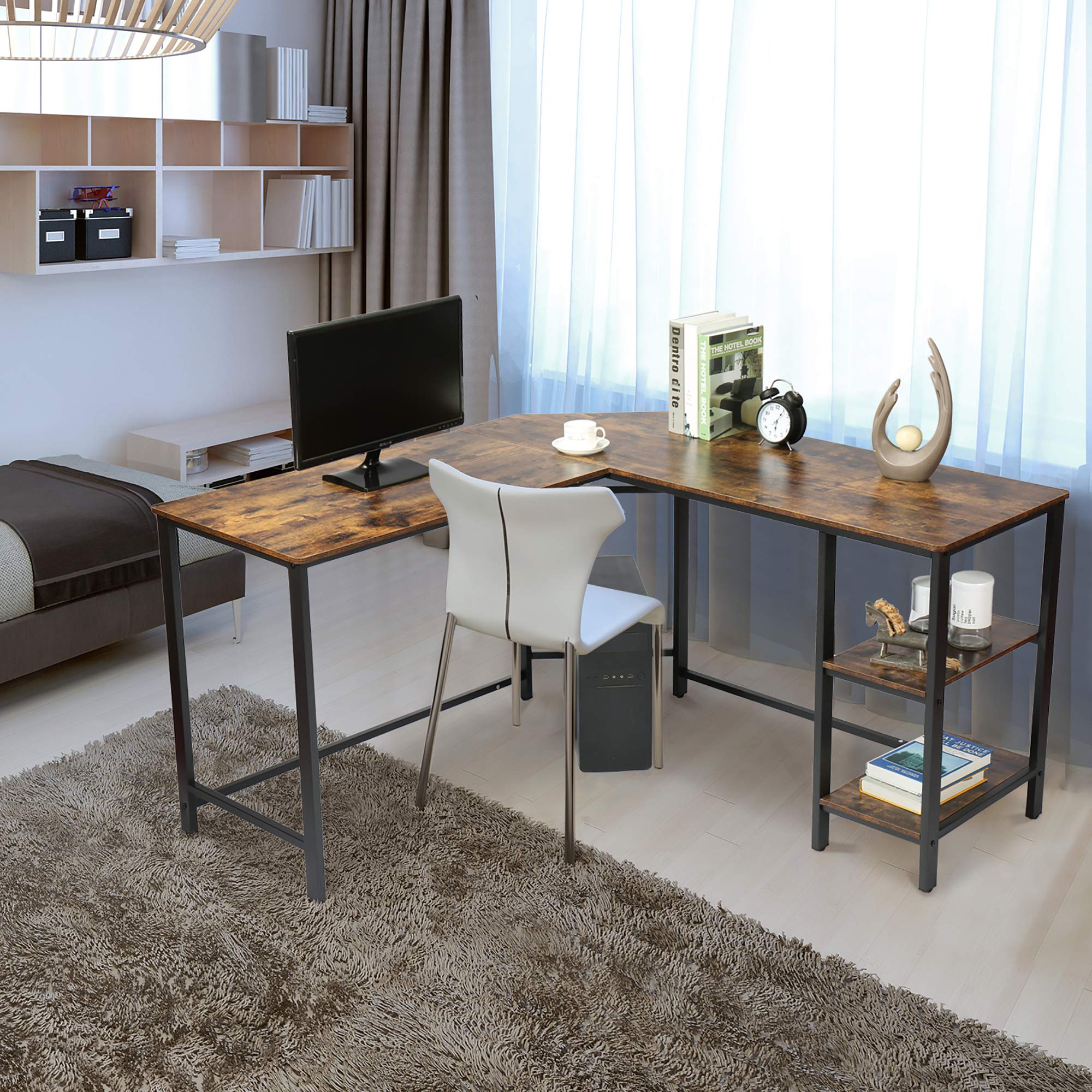 Home Office Computer Desk,Office Table with PC Droller, Storage Shelves,Two Drawers, CPU Tray and Pull-Out Keyboard Tray,Study Writing Desk,Computer Workstation (L Shaped Corner Computer Desk)
