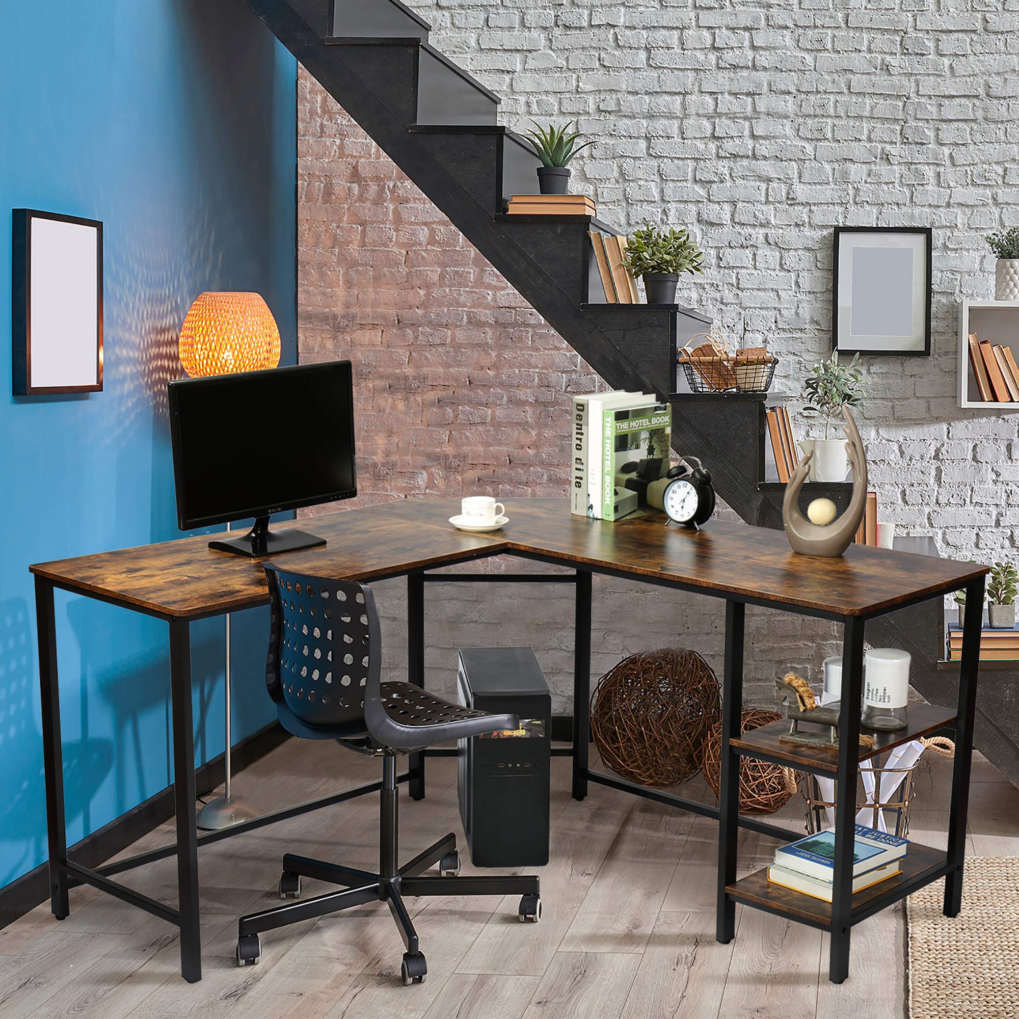 Home Office Computer Desk,Office Table with PC Droller, Storage Shelves,Two Drawers, CPU Tray and Pull-Out Keyboard Tray,Study Writing Desk,Computer Workstation (L Shaped Corner Computer Desk)