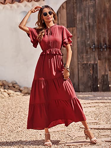PRETTYGARDEN Womens Summer Boho Maxi Dress Short Sleeve V Neck Ruffle Trim High Waisted Tiered Party Flowy Long Dresses 2023 (Red, Large)