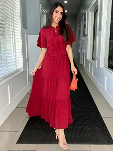 PRETTYGARDEN Womens Summer Boho Maxi Dress Short Sleeve V Neck Ruffle Trim High Waisted Tiered Party Flowy Long Dresses 2023 (Red, Large)