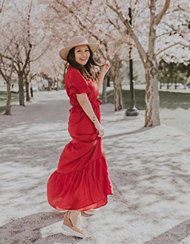 PRETTYGARDEN Womens Summer Boho Maxi Dress Short Sleeve V Neck Ruffle Trim High Waisted Tiered Party Flowy Long Dresses 2023 (Red, Large)