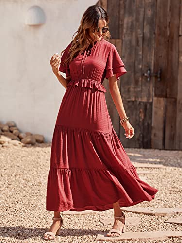PRETTYGARDEN Womens Summer Boho Maxi Dress Short Sleeve V Neck Ruffle Trim High Waisted Tiered Party Flowy Long Dresses 2023 (Red, Large)
