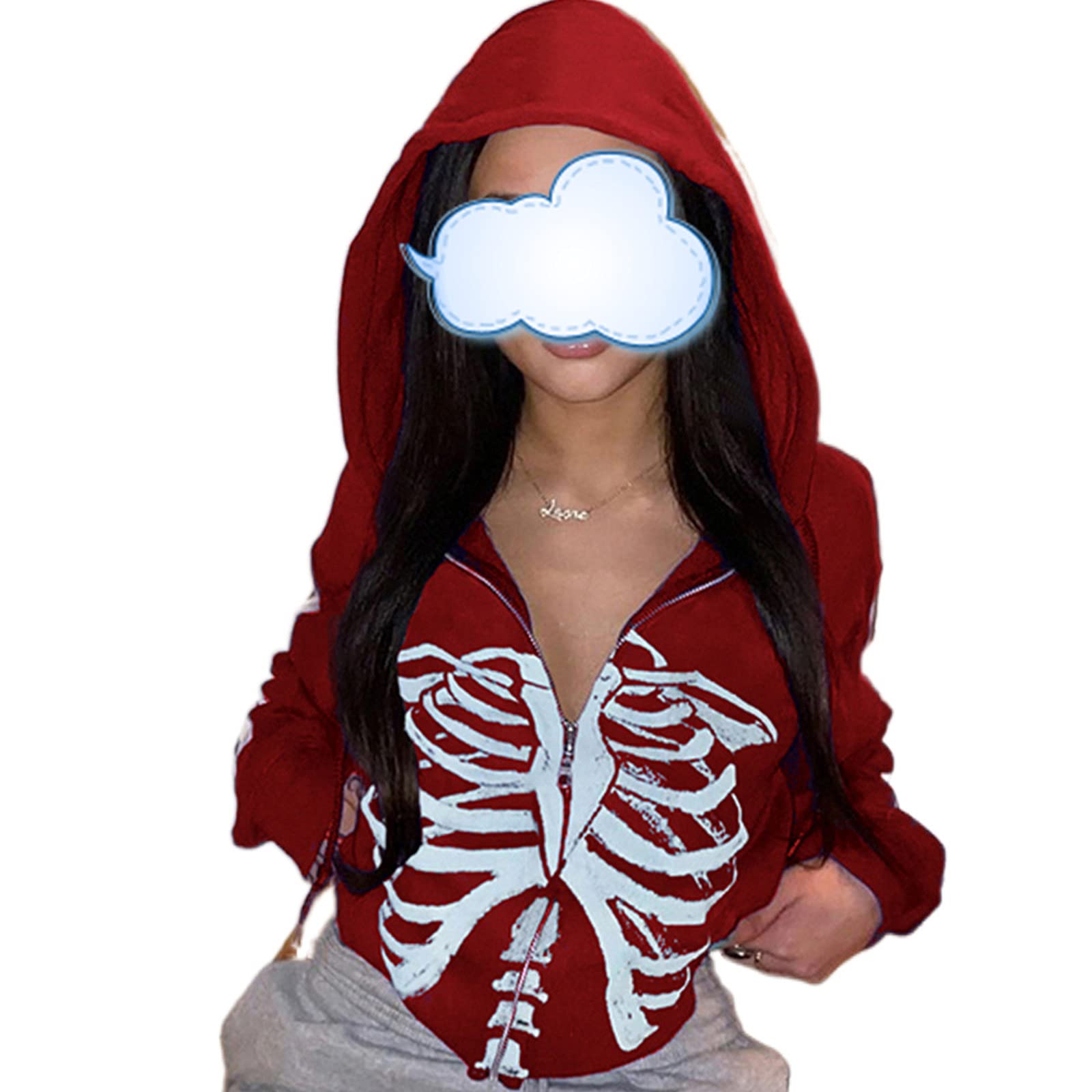Sunloudy Women Skeleton Print Oversized Hoodie Y2K Zip Up Sweatshirt Gothic E-girl Harajuku Jackets Coat Streetwear (7-Red Wine, L)