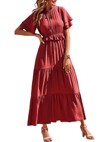 PRETTYGARDEN Womens Summer Boho Maxi Dress Short Sleeve V Neck Ruffle Trim High Waisted Tiered Party Flowy Long Dresses 2023 (Red, Large)