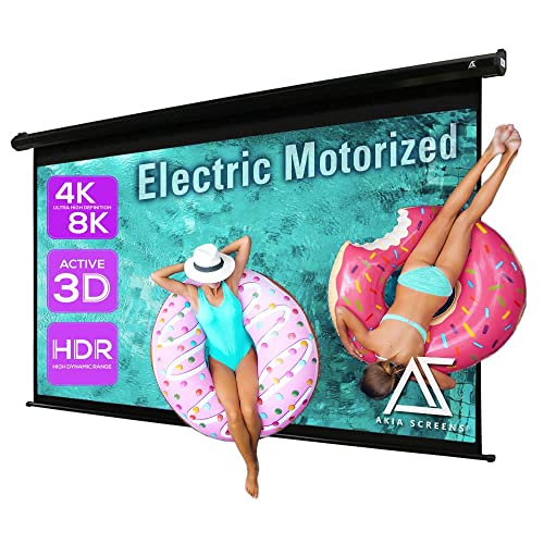 Akia Screens 125 inch Motorized Electric Remote Controlled Drop Down Projector Screen 16:9 8K 4K HD 3D Retractable Ceiling Wall Mount Black Projection Screen Office Home Theater Movie AK-MOTORIZE125H