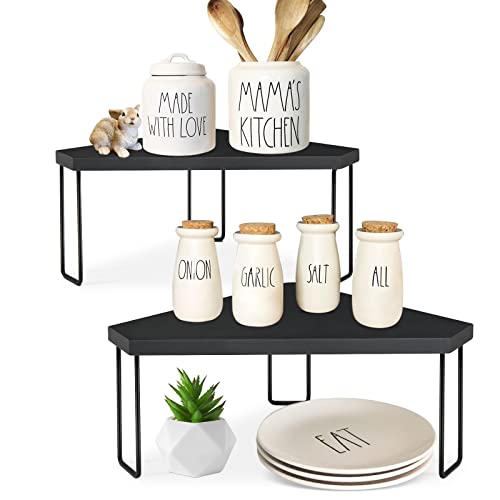 Ameuphercy 2-Tier Countertop Organizer Set of 2, Black, Rustic, Corner Shelf, Space Saving, Sturdy